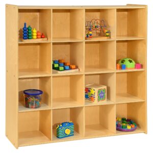 contender 16 big cubby section storage cabinet, multipurpose montessori shelves for mobile storage of toys, craft supplies in natural finish, made in usa