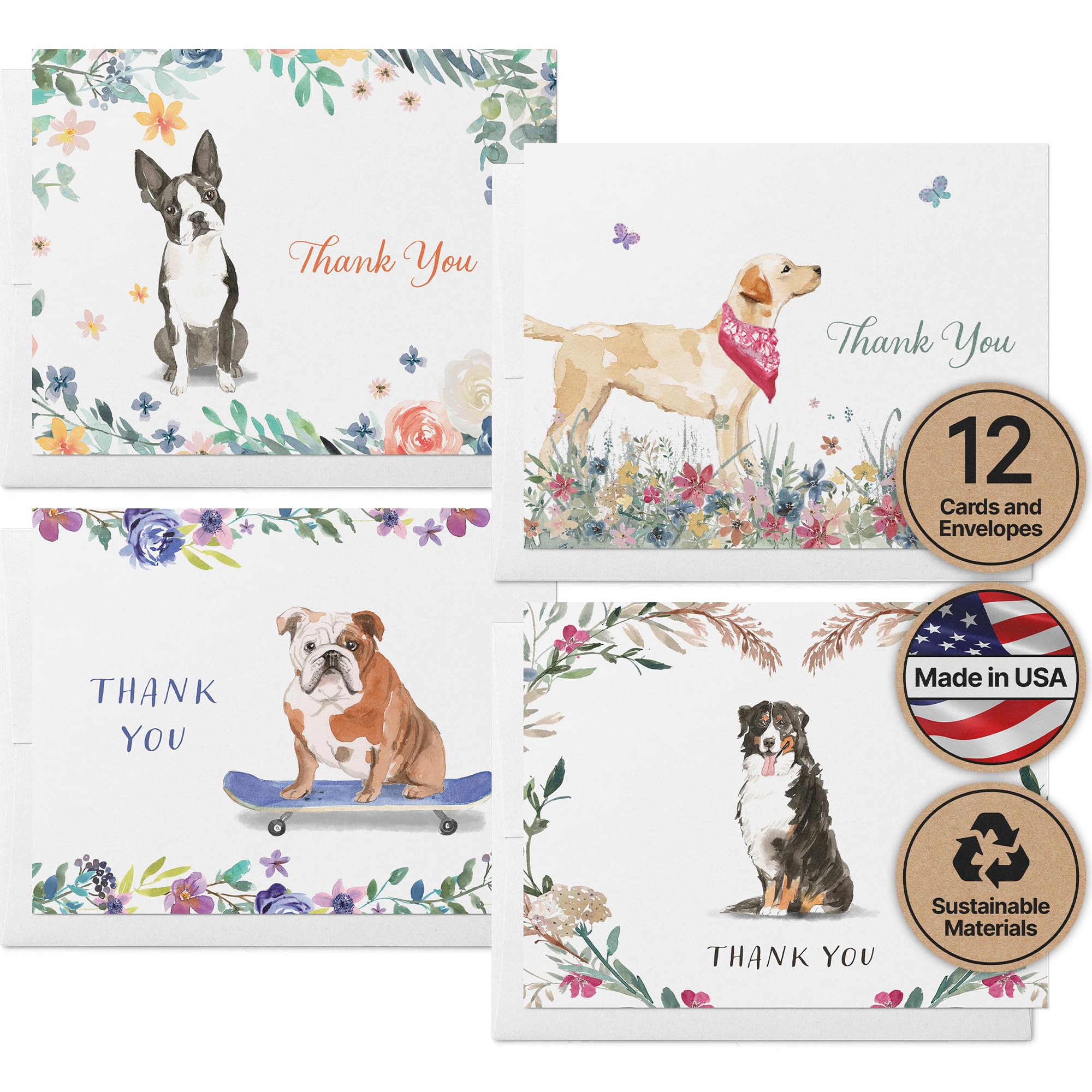 Twigs Paper Thank You Cards Dogs Design - 12 Assorted Dogs Thank You Cards with Envelopes - Made in USA Greeting Card - Eco Friendly Blank Cards and Envelopes - 5.5 x 4.25 Size Appreciation Cards