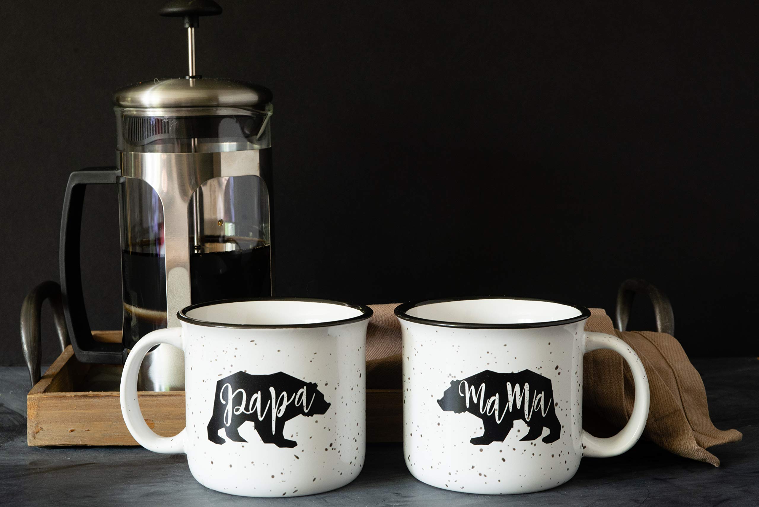 CAM N HONEY Farmhouse Mama Bear & Papa Bear Funny Campfire Couples Coffee Mug Set | 14oz Ceramic Mugs | Mama Bear Mug, Papa Bear Mug | Perfect for Parents