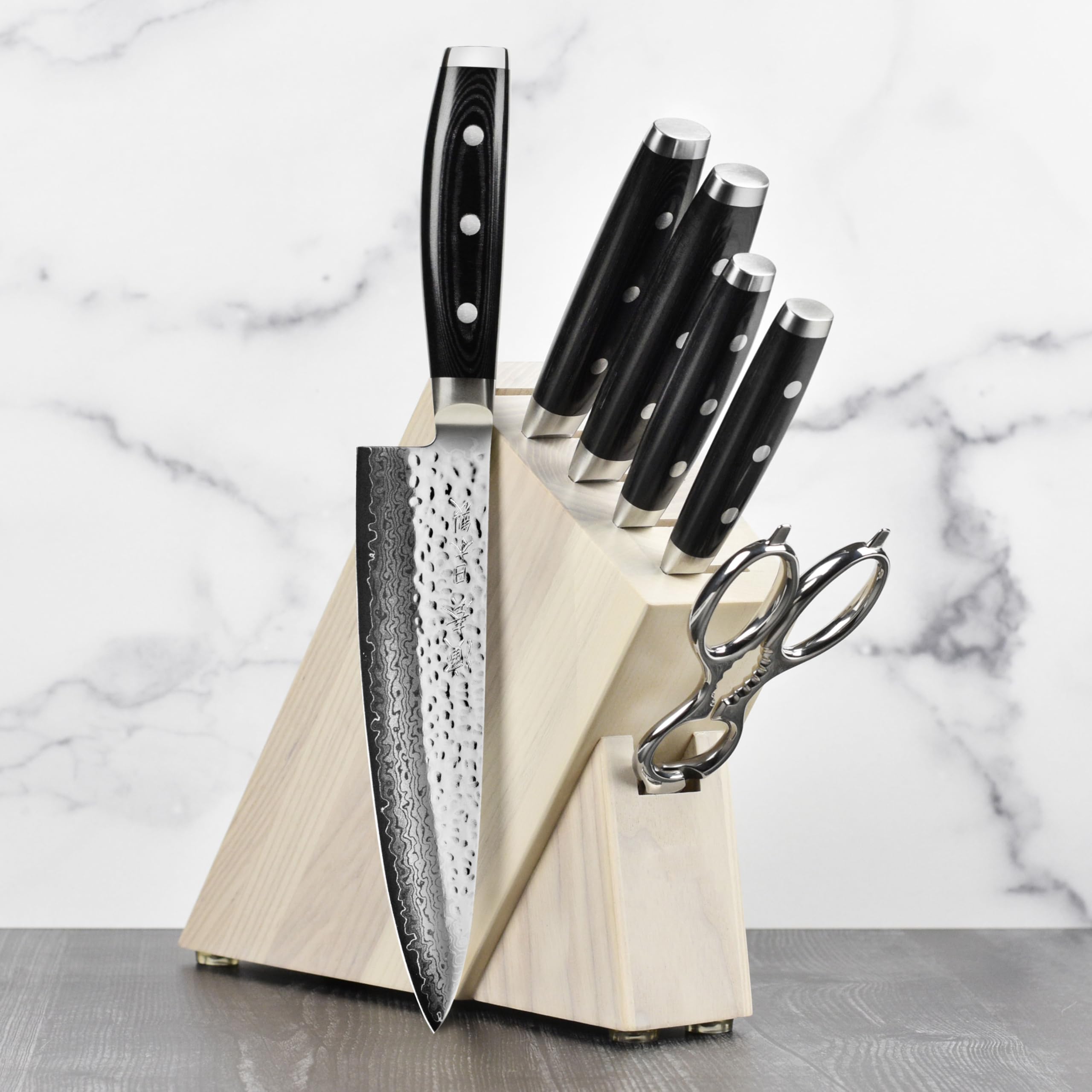 Enso Knife Set - Made in Japan - HD Series - VG10 Hammered Damascus Japanese Stainless Steel with Slim Gray Ash Knife Block - 7 Piece