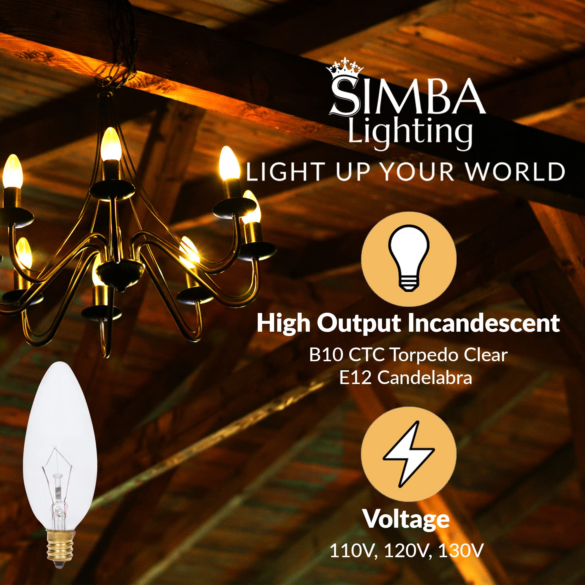 Simba Lighting Candelabra Torpedo Clear B10 CTC 25W E12 Base (12 Pack) Decorative Incandescent Light Bulbs 120V for Chandeliers, Ceiling Fan Lights, Pendants, Wall Sconces, Dimmable, Warm White 2700K