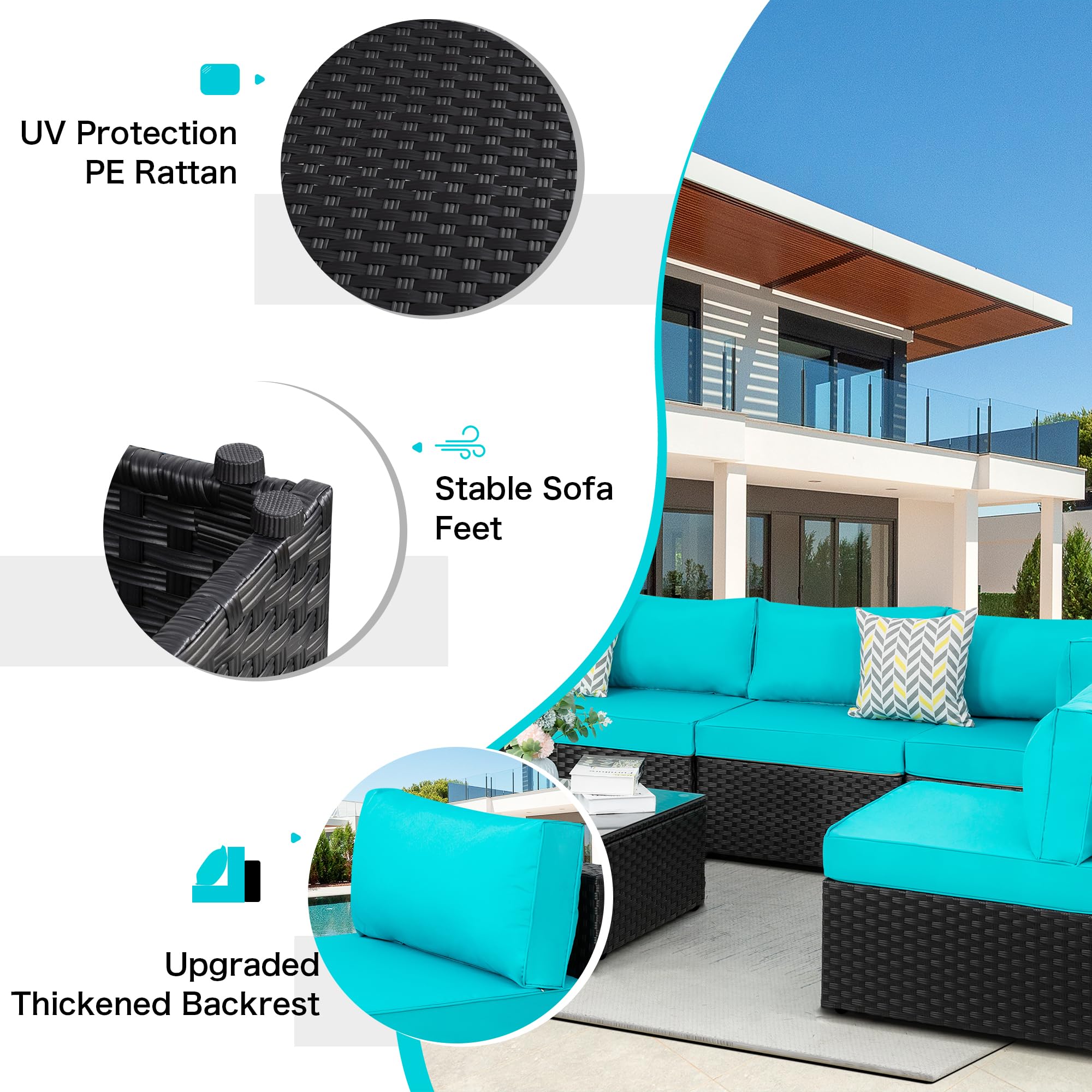 Walsunny 7 Pieces Patio Outdoor Furniture Sets,Low Back All-Weather Rattan Sectional Sofa with Tea Table&Washable Couch Cushions (Blue)