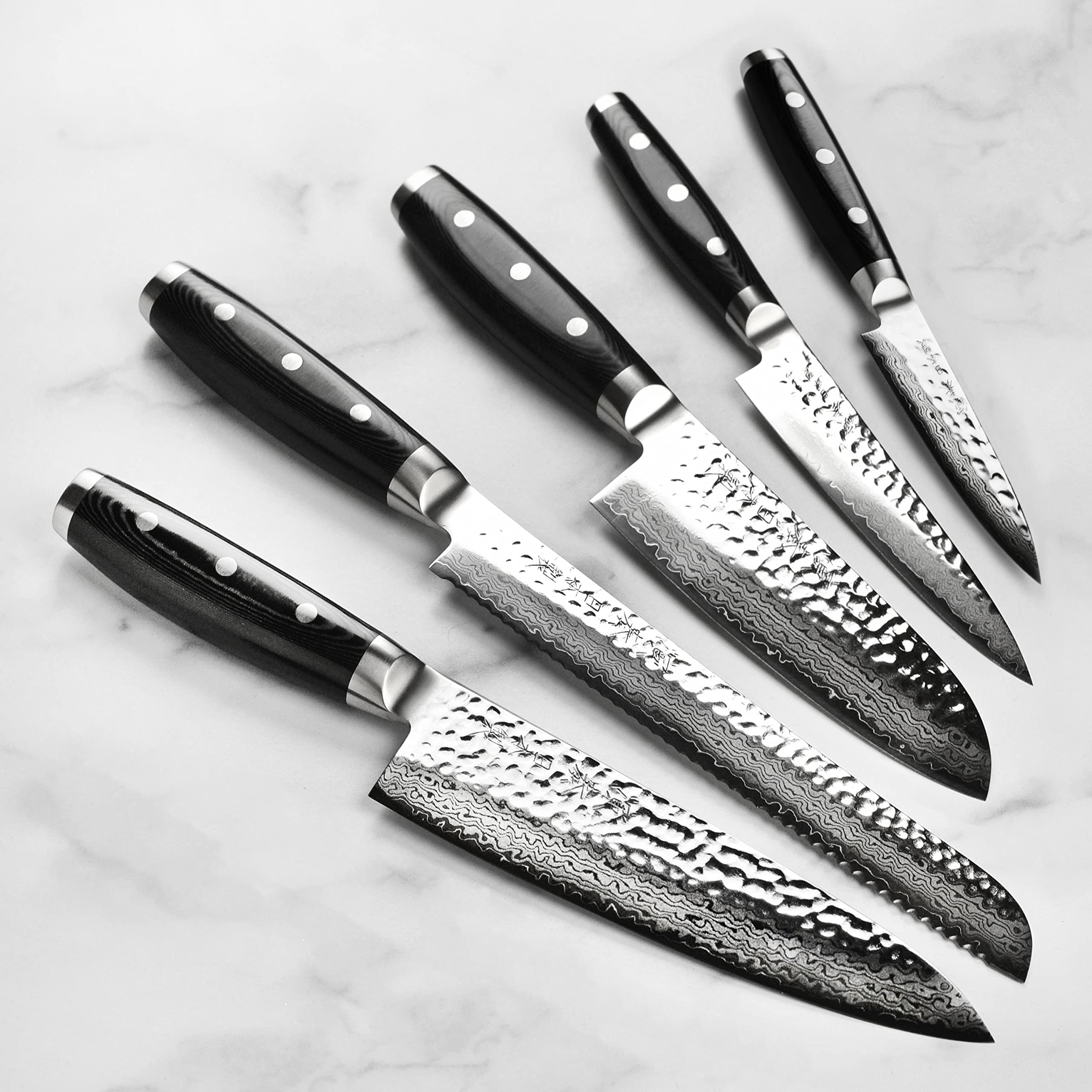 Enso Knife Set - Made in Japan - HD Series - VG10 Hammered Damascus Japanese Stainless Steel with Slim Gray Ash Knife Block - 7 Piece