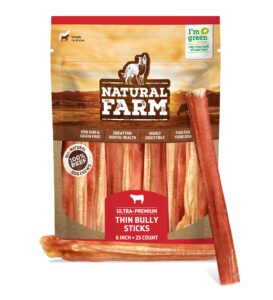 natural farm thin bully sticks (6 inch, 25 pack), natural dog dental treats, grain-free, preservative-free, low-fat, & fully digestible - best for small, senior or light chewers