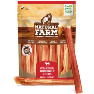 Natural Farm Thin Bully Sticks (6 Inch, 25 Pack), Natural Dog Dental Treats, Grain-Free, Preservative-Free, Low-Fat, & Fully Digestible - Best for Small, Senior or Light Chewers