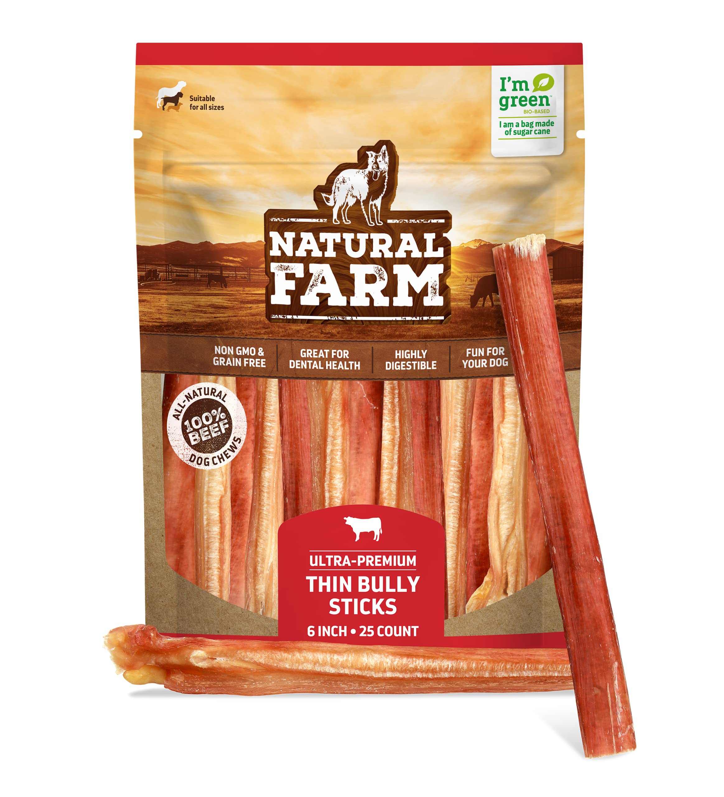 Natural Farm Thin Bully Sticks (6 Inch, 25 Pack), Natural Dog Dental Treats, Grain-Free, Preservative-Free, Low-Fat, & Fully Digestible - Best for Small, Senior or Light Chewers