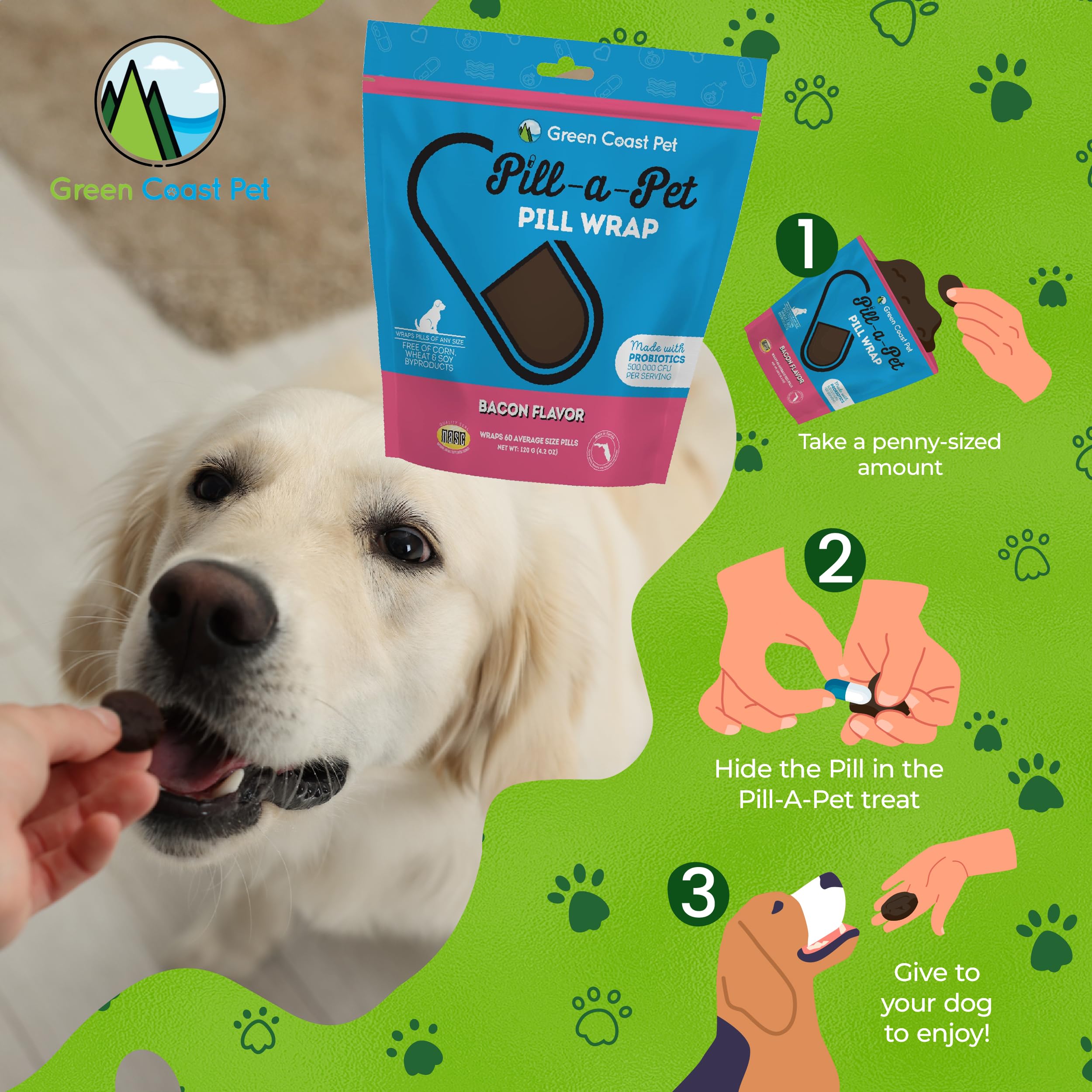 Green Coast Pet Pill-a-Pet Pill Wrap for Dogs Bacon Flavor | Made in USA | Probiotics | 60 Wraps