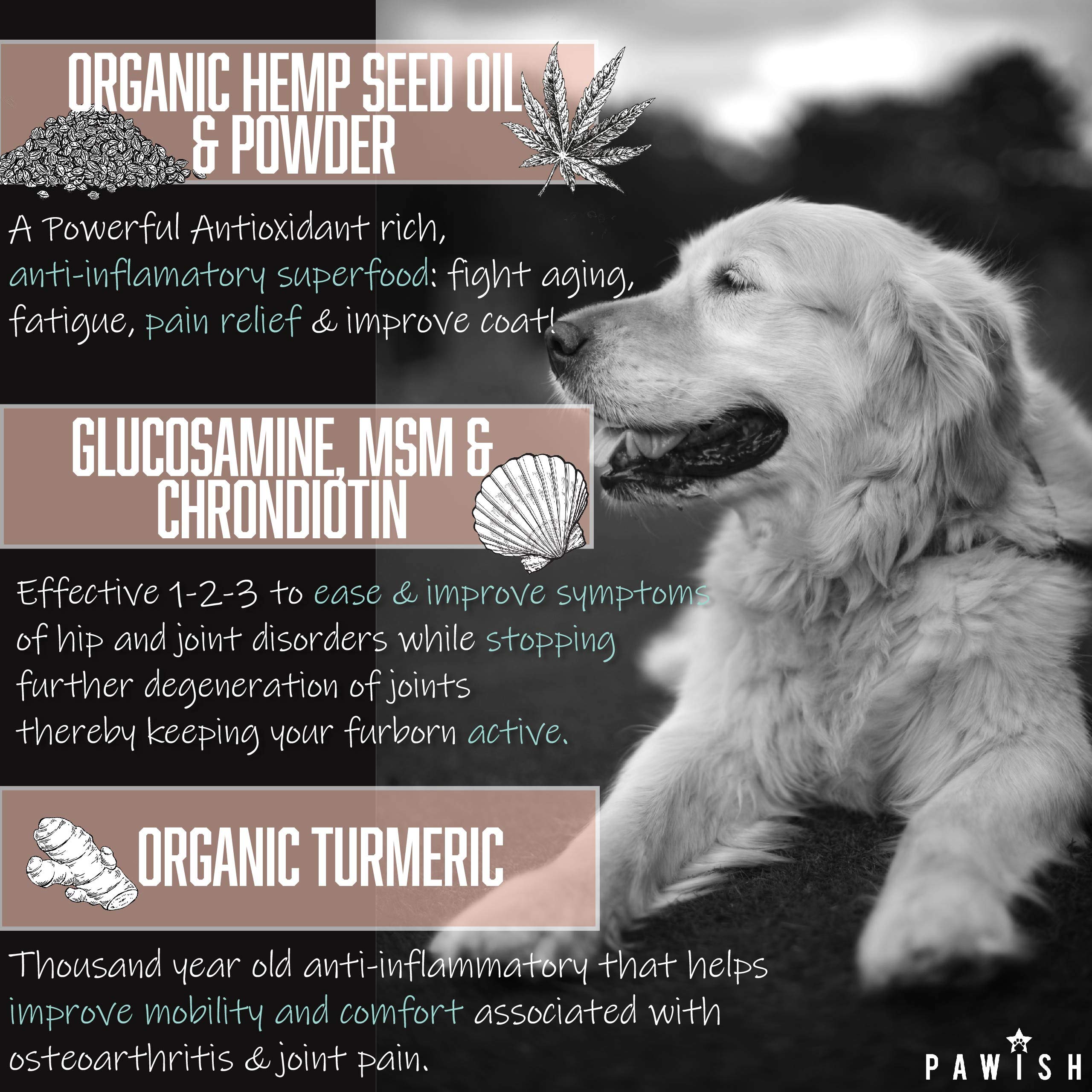 Hemp Hip & Joint Supplement for Dogs with Organic Hemp Oil, Glucosamine, Turmeric, MSM - for Joint Support, Mobility, Arthritis Pain Relief and Anxiety - 120 Soft Chews