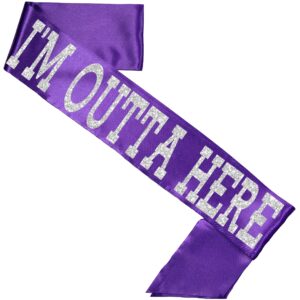 funny divorce party sash - premium quality purple i’m outta here! satin sash - retirement, goodbye, going away or graduation party supplies & decorations - purple sash(outhere) pur