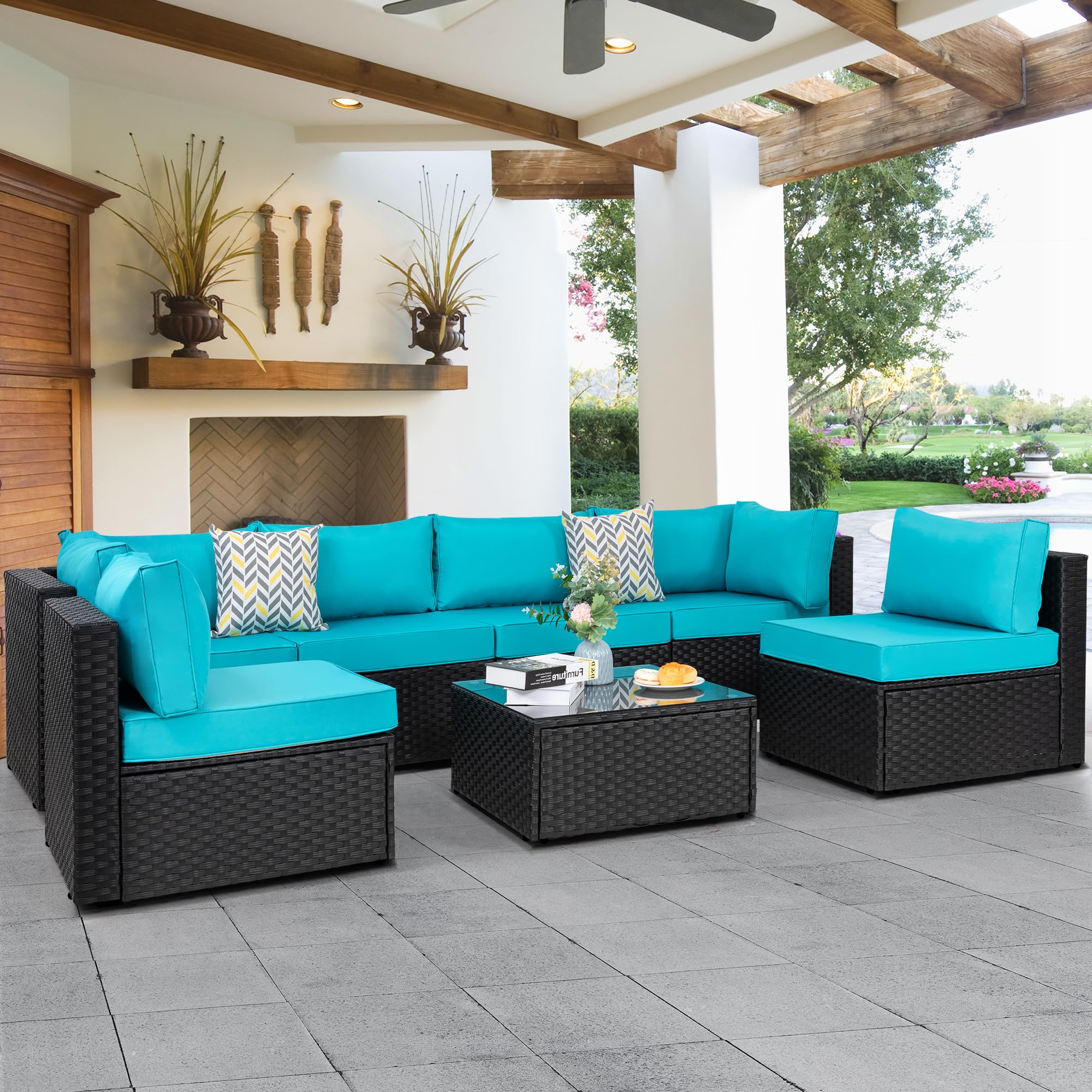 Walsunny 7 Pieces Patio Outdoor Furniture Sets,Low Back All-Weather Rattan Sectional Sofa with Tea Table&Washable Couch Cushions (Blue)