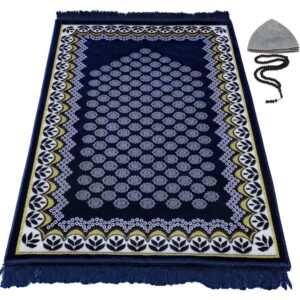 modefa turkish islamic velvet prayer rug - thin & lightweight praying carpet - muslim janamaz sajadah for men & women - ramadan or eid gift - kufi cap & beads - floral daisy arch (navy blue)