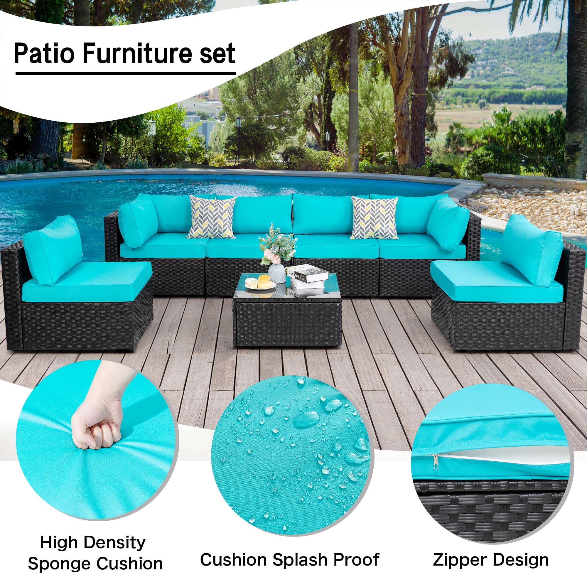 Walsunny 7 Pieces Patio Outdoor Furniture Sets,Low Back All-Weather Rattan Sectional Sofa with Tea Table&Washable Couch Cushions (Blue)