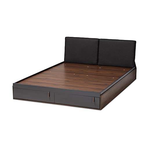 Baxton Studio Rikke Modern and Contemporary Two-Tone Gray and Walnut Finished Wood Queen Size Platform Storage Bed with Gray Fabric Upholstered Headboard