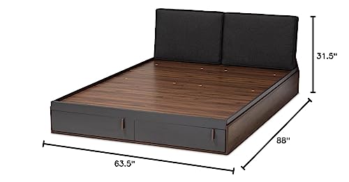 Baxton Studio Rikke Modern and Contemporary Two-Tone Gray and Walnut Finished Wood Queen Size Platform Storage Bed with Gray Fabric Upholstered Headboard