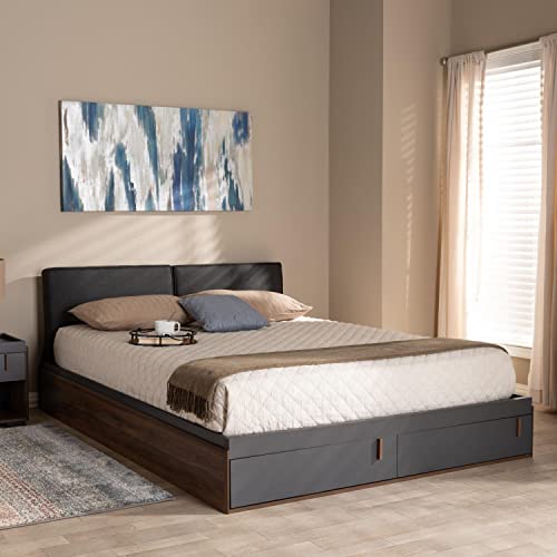 Baxton Studio Rikke Modern and Contemporary Two-Tone Gray and Walnut Finished Wood Queen Size Platform Storage Bed with Gray Fabric Upholstered Headboard