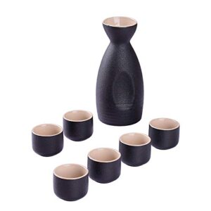 newqz japanese sake set, traditional ceramics black sake serving sets 7 pcs include 1 pot and 6 cups