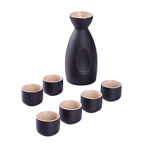 NEWQZ Japanese Sake Set, Traditional Ceramics Black Sake Serving Sets 7 Pcs include 1 Pot and 6 Cups