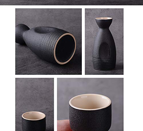 NEWQZ Japanese Sake Set, Traditional Ceramics Black Sake Serving Sets 7 Pcs include 1 Pot and 6 Cups