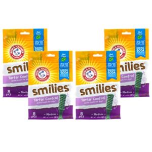 arm & hammer for pets smilies dental chews for dogs | dental chews fight bad dog breath, plaque & tartar without brushing | fresh mint flavor, 8 pieces dog dental treats, 4 pack