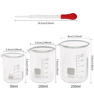 SUPERLELE Glass Graduated Cylinder Set 10ml 25ml 50ml 100ml, Thick Glass Beaker Set 50ml 100ml 250ml with 2 Droppers