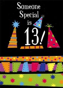 designer greetings someone special party hats on black background age 13 / 13th birthday card