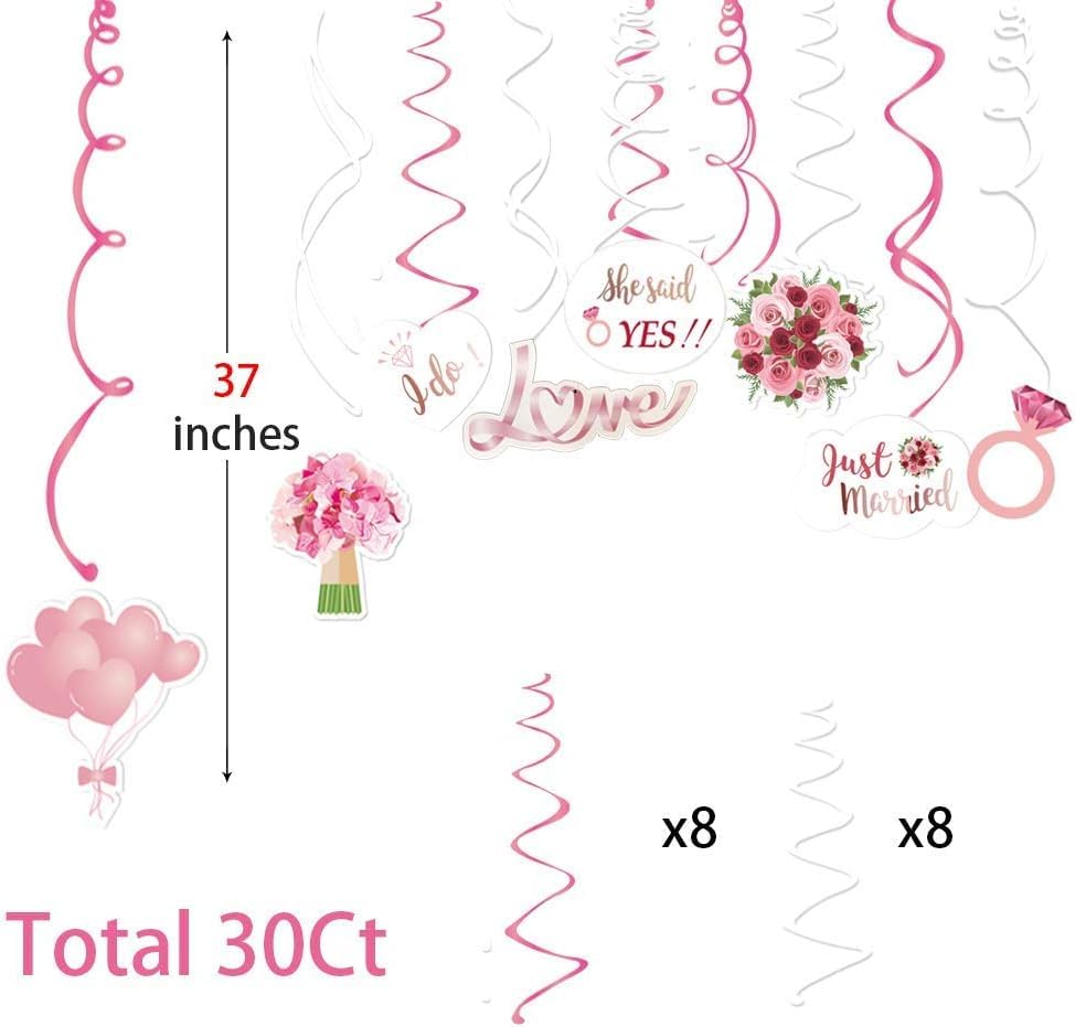 Kristin Paradise 30Ct Wedding Bridal Shower Hanging Swirl Decorations - Ceiling Streamers for Engagement Party, Bachelorette Rose Decor, Pink Party Favors, She Said Yes Decoration Pack