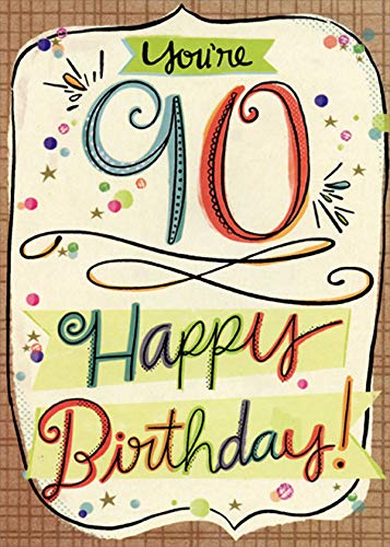 Designer Greetings Colorful Letters with Brown Crosshatch Frame Age 90 / 90th Birthday Card