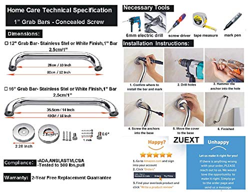 16 Inch Stainless Steel Shower Grab Bar, ZUEXT Chrome Shower Handle, Bathroom Balance Bar, Safety Hand Rail Support Bar for Handicap Elderly Injury, Senior Assist Bath Tub Wall Concealed Mount Handle