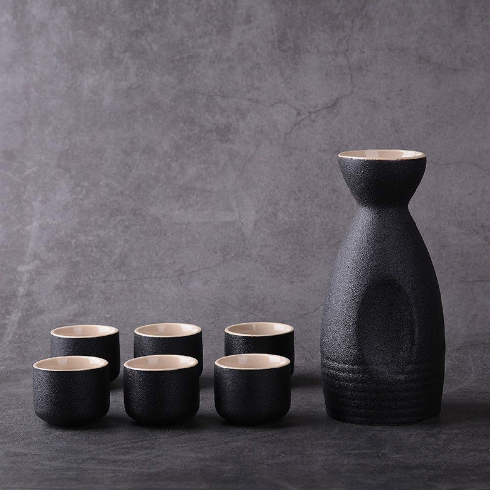 NEWQZ Japanese Sake Set, Traditional Ceramics Black Sake Serving Sets 7 Pcs include 1 Pot and 6 Cups