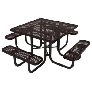 coated outdoor furniture heavy-duty portable outdoor picnic table with umbrella hole, punched steel commercial-grade patio dining furniture made in america (46" square top, brown)