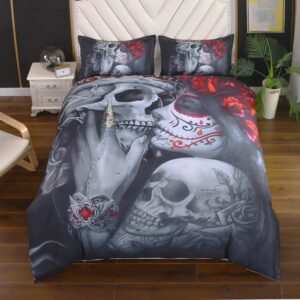 Suncloris, Bedding Duvet Cover Sets, 3D Dead Sugar Skull Girl Kissing Skull Home Bedding Set.Included: Duvet Cover,Pillowcase(no Comforter Inside) (Queen)