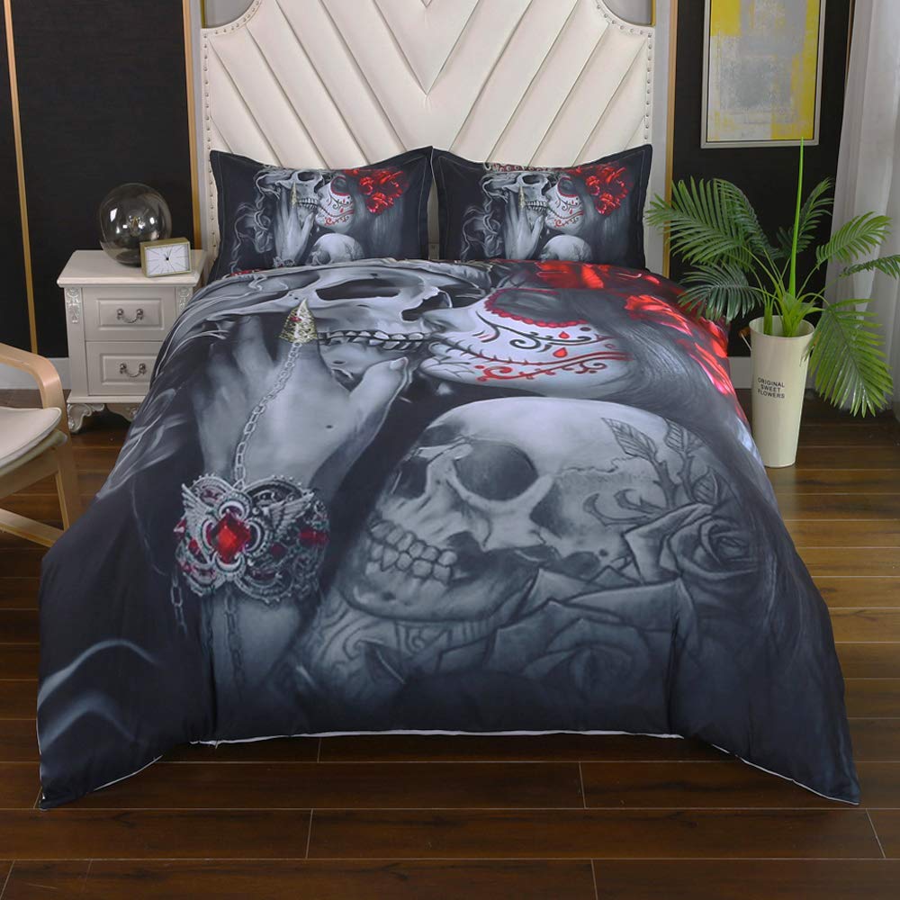 Suncloris, Bedding Duvet Cover Sets, 3D Dead Sugar Skull Girl Kissing Skull Home Bedding Set.Included: Duvet Cover,Pillowcase(no Comforter Inside) (Queen)