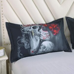 Suncloris, Bedding Duvet Cover Sets, 3D Dead Sugar Skull Girl Kissing Skull Home Bedding Set.Included: Duvet Cover,Pillowcase(no Comforter Inside) (Queen)