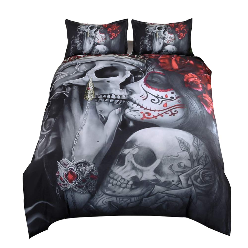 Suncloris, Bedding Duvet Cover Sets, 3D Dead Sugar Skull Girl Kissing Skull Home Bedding Set.Included: Duvet Cover,Pillowcase(no Comforter Inside) (Queen)