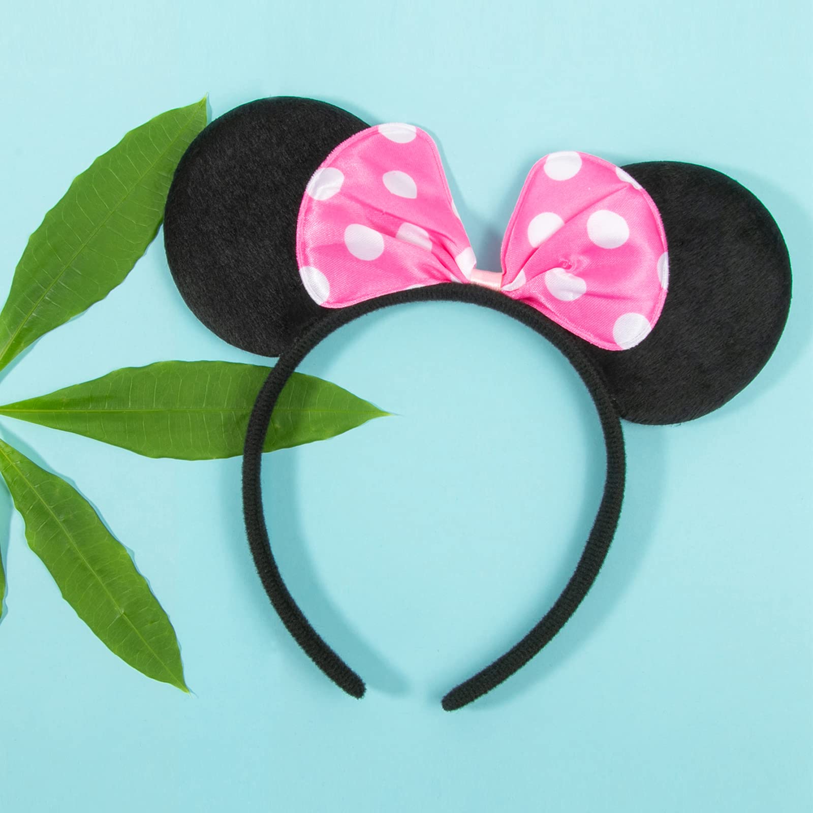 CHuangQi Mouse Ears Headband 2pcs, Solid Black and Pink Bow with Polka Dot, Party Favors