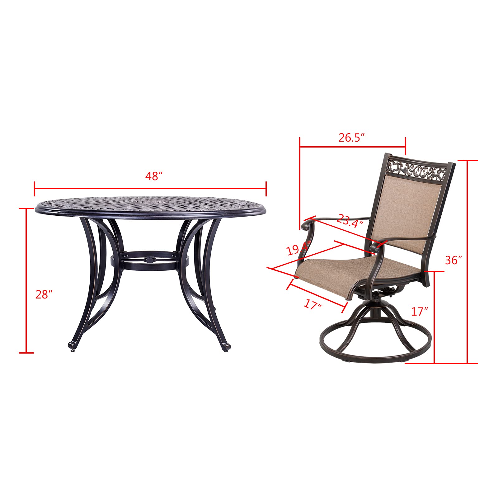 DALI 5 Piece Patio Dining Set Outdoor Furniture, Aluminum Swivel Rocker Chair Sling Chair Set with 48 inch Round Alum Casting Top Table