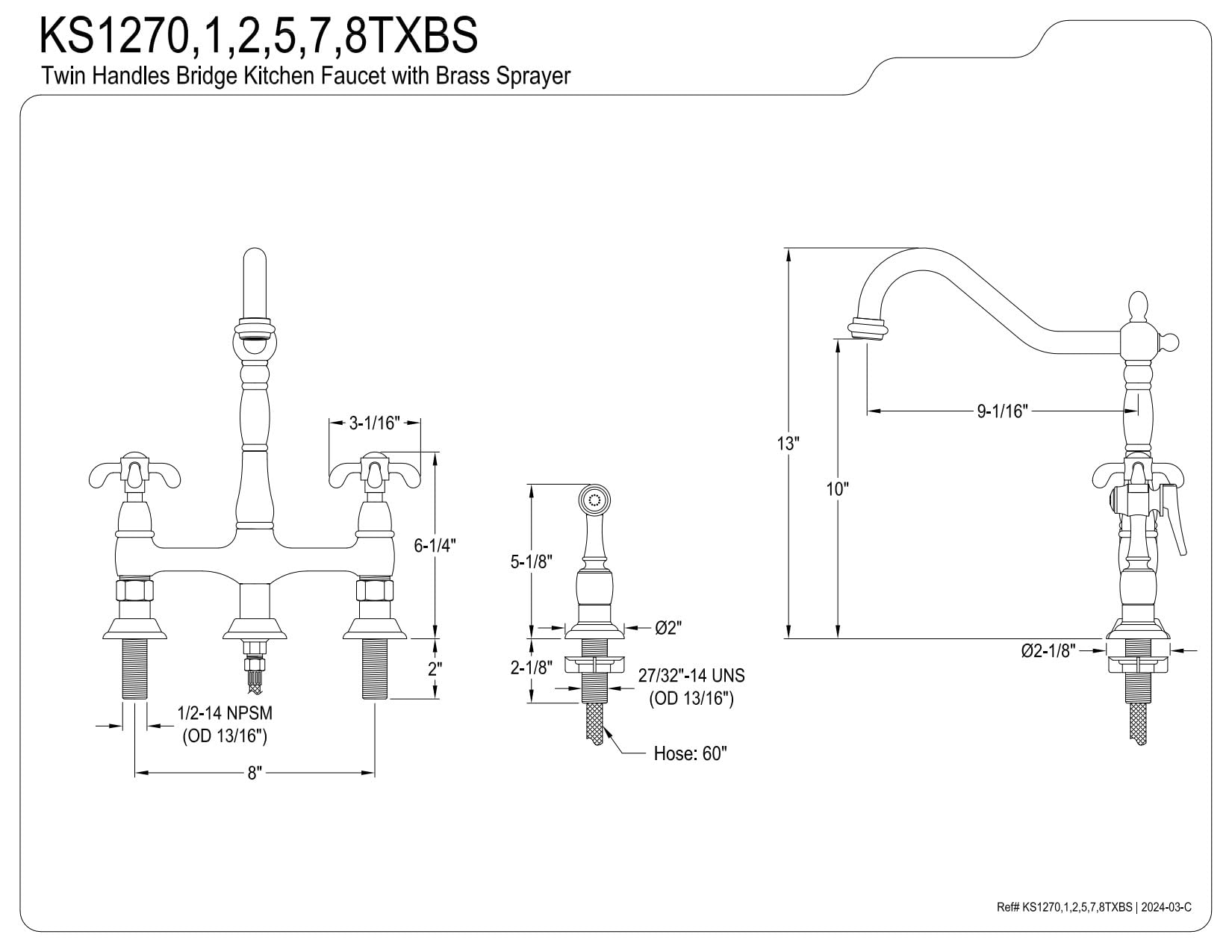 Kingston Brass KS1270TXBS French Country Bridge Kitchen Faucet, Matte Black