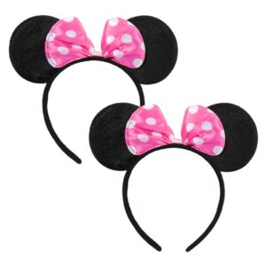 chuangqi mouse ears headband 2pcs, solid black and pink bow with polka dot, party favors