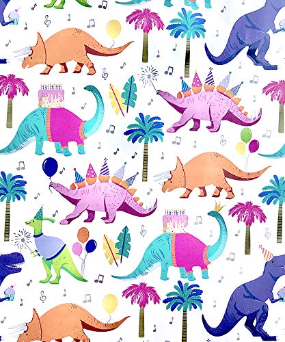 REVEL & Co Party Dinosaurs Children's Premium Folded Wrapping Paper, 2 feet x 10 feet Jurassic dinosaur birthday folded gift wrap