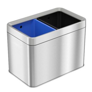 itouchless with 2 stickers, compartment slim stainless steel container, 5.3 gallon waste trash can & recycle bin, 20 liter/5.3gal, open top, dual