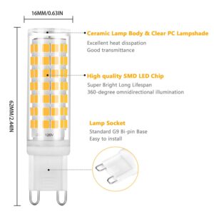 YUIIP G9 LED Bulb Dimmable 6W Warm White 3000K, T4 G9 Ceramic Bi-pin Base Light Bulbs AC 120V 530LM, 50W 60W Halogen Bulb Equivalent, G9 Light Bulbs for Chandelier, 6 Pack