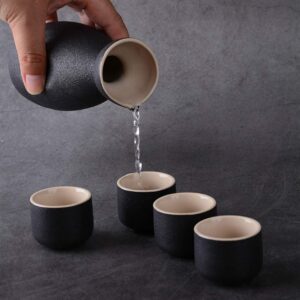 NEWQZ Japanese Sake Set, Traditional Ceramics Black Sake Serving Sets 7 Pcs include 1 Pot and 6 Cups