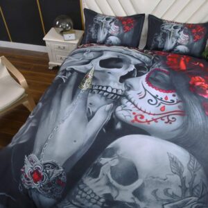 Suncloris, Bedding Duvet Cover Sets, 3D Dead Sugar Skull Girl Kissing Skull Home Bedding Set.Included: Duvet Cover,Pillowcase(no Comforter Inside) (Queen)