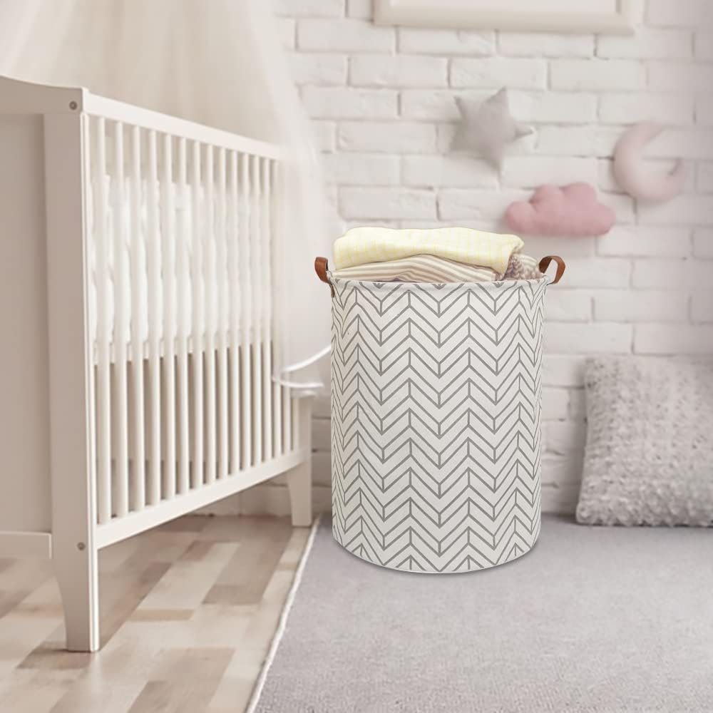 CLOCOR Large Round Storage Bin,Collapsible Storage Baskets, Dirty Laundry Hamper Baskets for Baby Boys and Girls, Office, Bedroom, Toys Nursery Kids Clothes Gift Basket (Grey geometry)