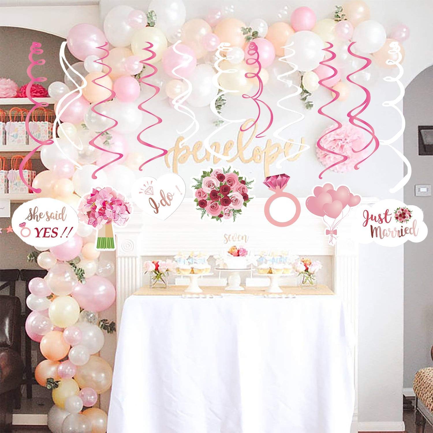 Kristin Paradise 30Ct Wedding Bridal Shower Hanging Swirl Decorations - Ceiling Streamers for Engagement Party, Bachelorette Rose Decor, Pink Party Favors, She Said Yes Decoration Pack