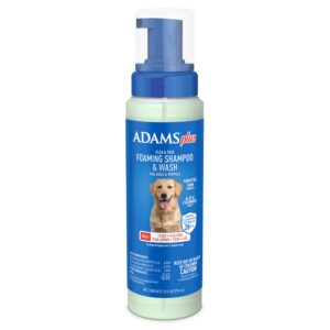 adams plus flea & tick foaming shampoo & wash for dogs & puppies over 12 weeks | sensitive skin flea treatment for dogs and puppies | kills adult fleas, ticks, and lice on contact | 10 oz