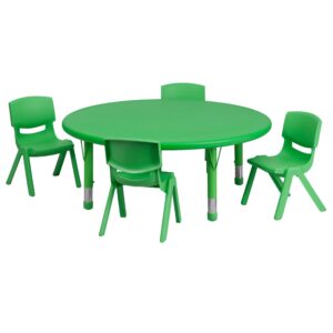 emma + oliver 45" round green plastic adjustable activity table set-4 chairs