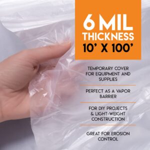 Clear Poly Sheeting - Heavy Duty, 6 Mil Thick Plastic Tarp – Waterproof Vapor and Dust Protective Equipment Cover, Construction and Industrial Use (10' x 100')