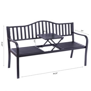 Gardenised QI003461L Outdoor Powder Coated Steel Park Bench, Garden Bench with Pop Up Middle Table, Lawn Decor Seating Bench for Yard, Patio, Garden, Balcony, and Deck