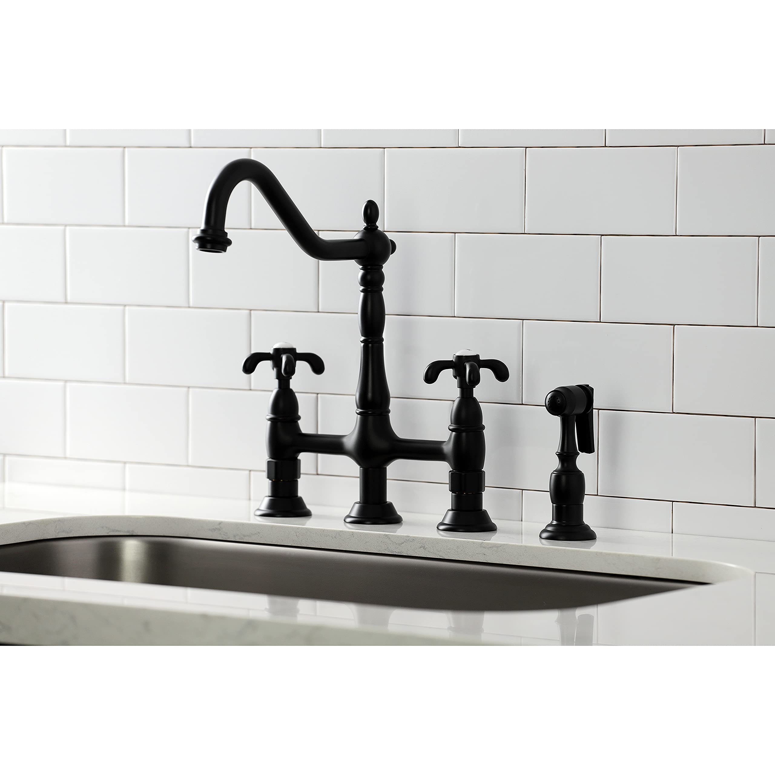 Kingston Brass KS1270TXBS French Country Bridge Kitchen Faucet, Matte Black